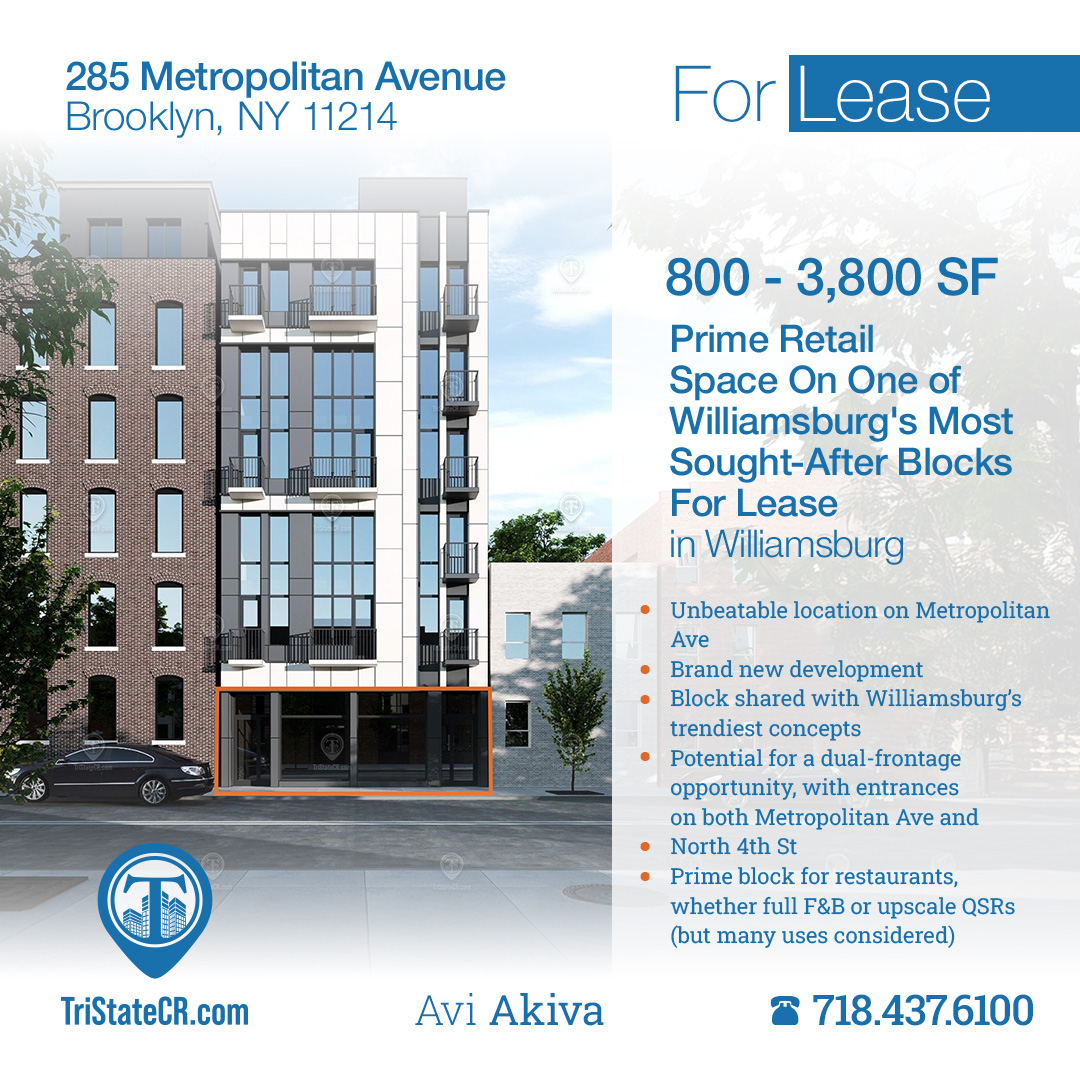 800 - 3,800 SF | 285 Metropolitan Ave | Prime Retail Space On One of ...